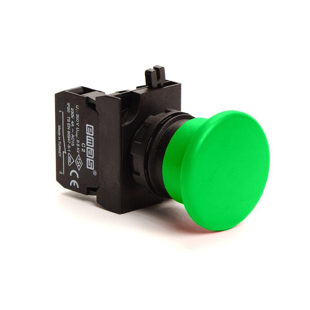 EMAS Green Mushroom Button - IP65 - 1 NC - CP200MY | ACDC Drives